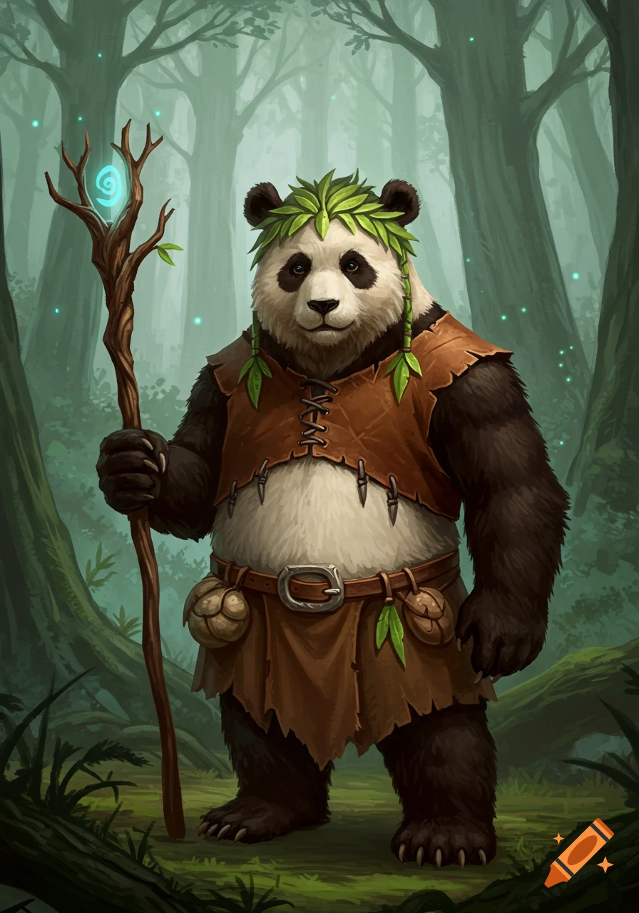 A cartoon illustration of a druid panda standing in a forest, holding a ...