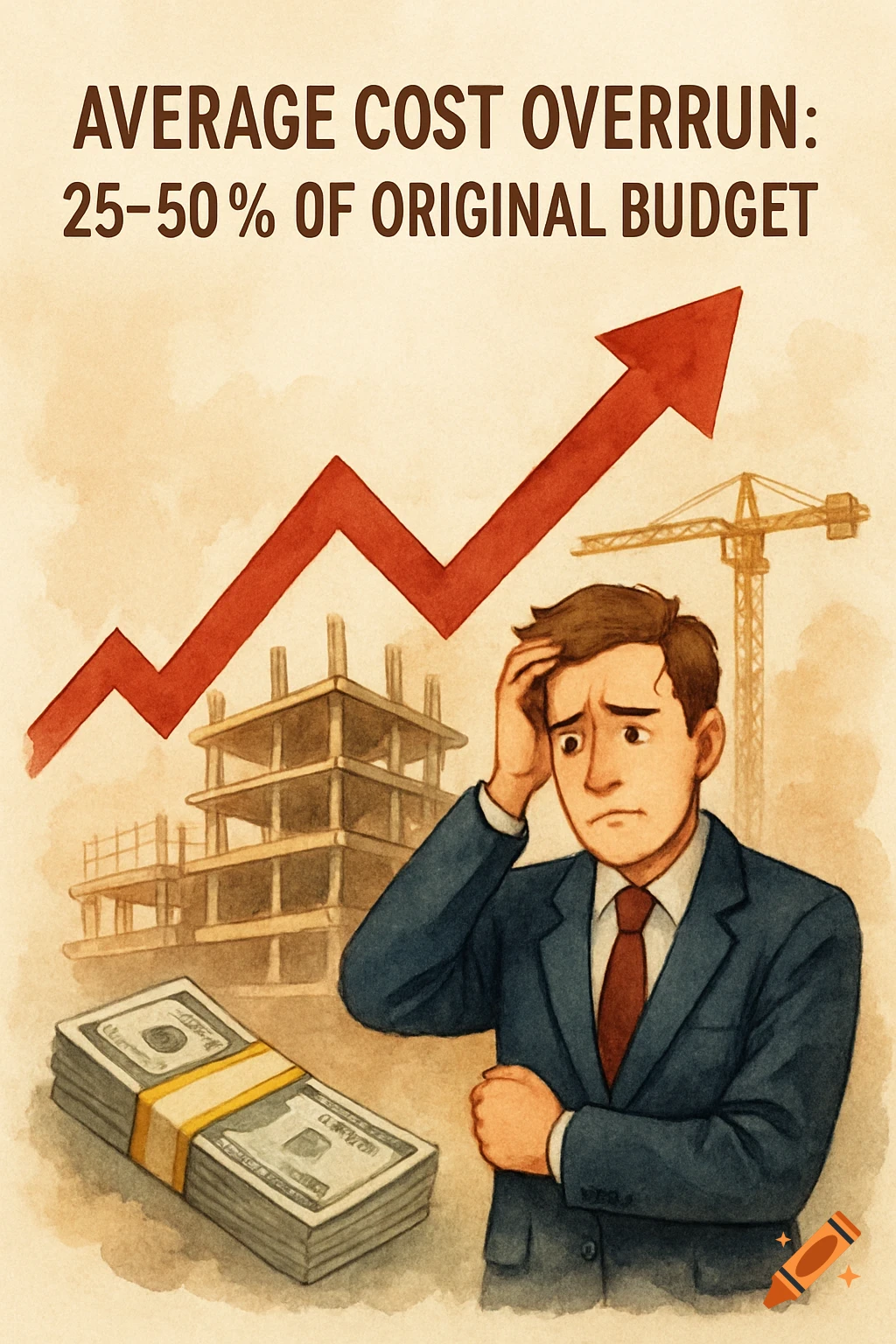 Watercolor illustration of a man distressed about construction cost ...