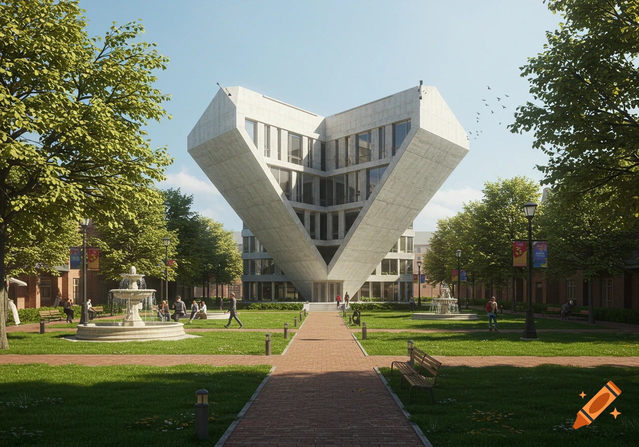 A futuristic diamond-shaped building stands in the center of a park ...