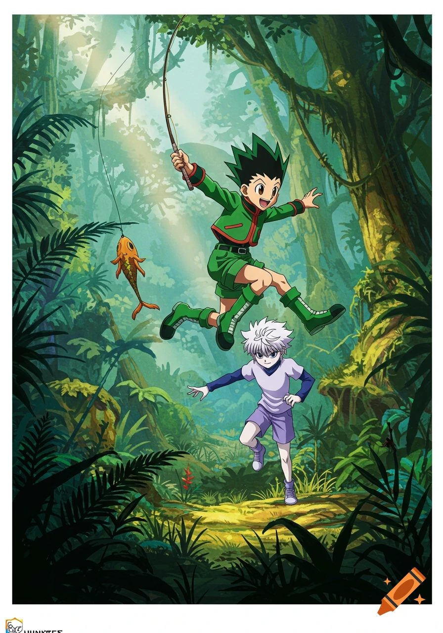 Anime illustration of Gon jumping with a fishing rod catching a fish ...