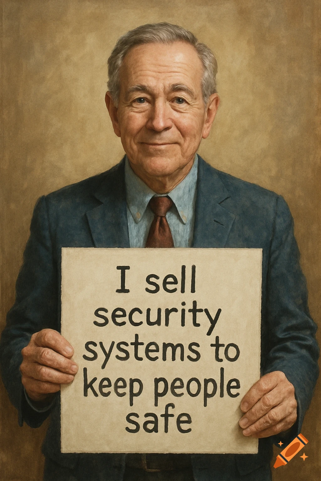 Portrait of an older man holding a sign that says "I sell security ...