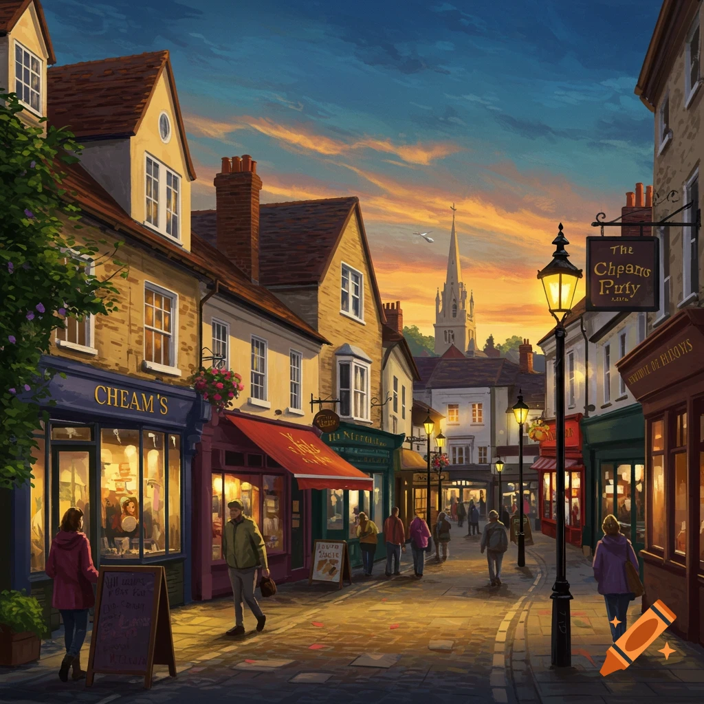 A detailed painting of a bustling cobblestone street in a European town ...