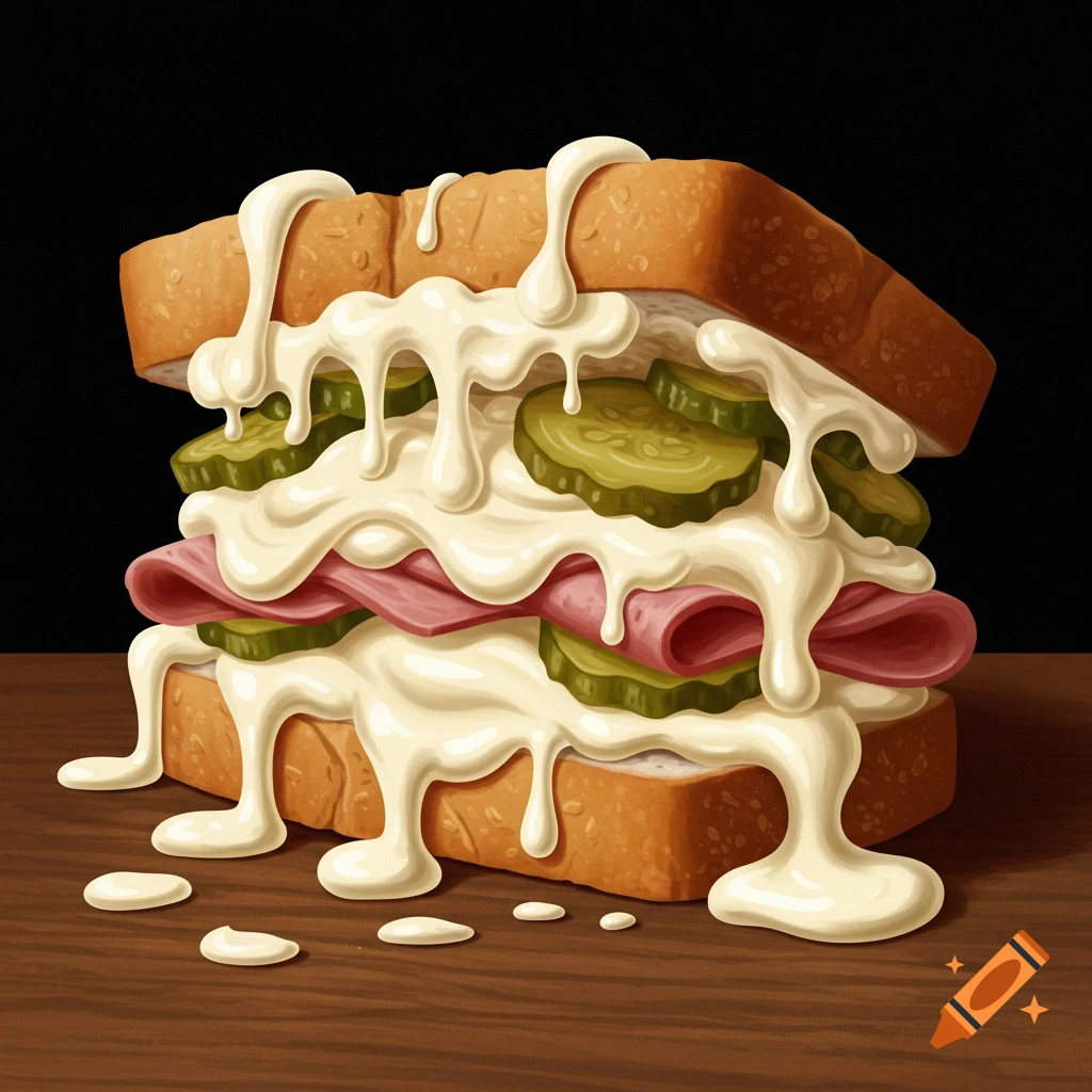 Stylized illustration of a sandwich overflowing with mayonnaise and ...