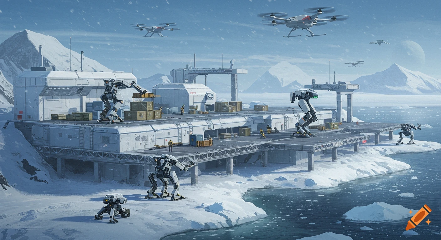 Sci-fi arctic base with robots loading cargo and drones flying. on Craiyon