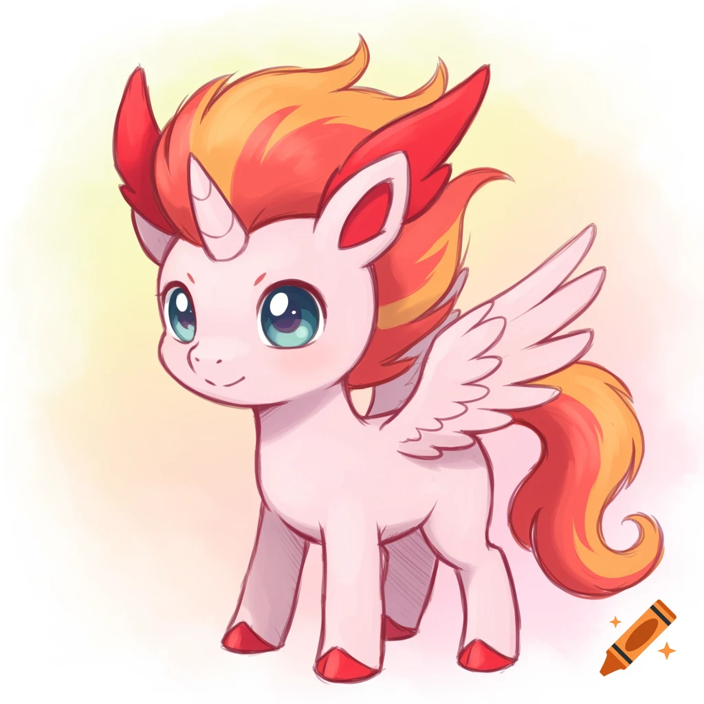 Cute sketch of a baby pegasus colt with flame hair and red wing tips ...