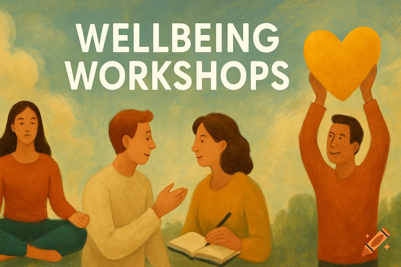 Painterly illustration of people attending wellbeing workshops, with the text 'WELLBEING ...