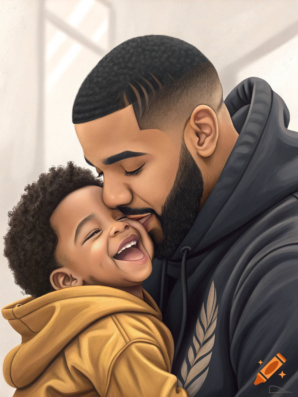 Digital illustration of a man resembling Drake affectionately kissing a ...