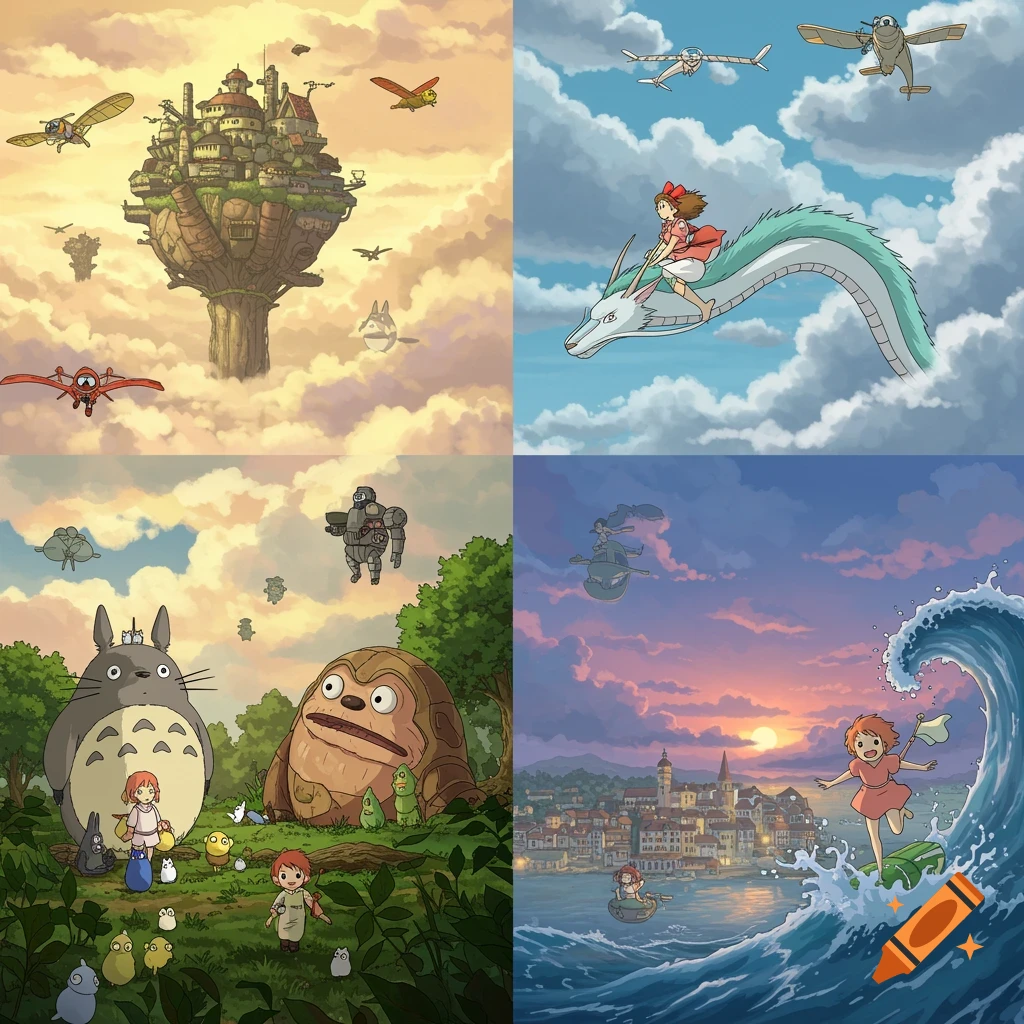 A collage of animated fantasy scenes featuring characters from Studio ...