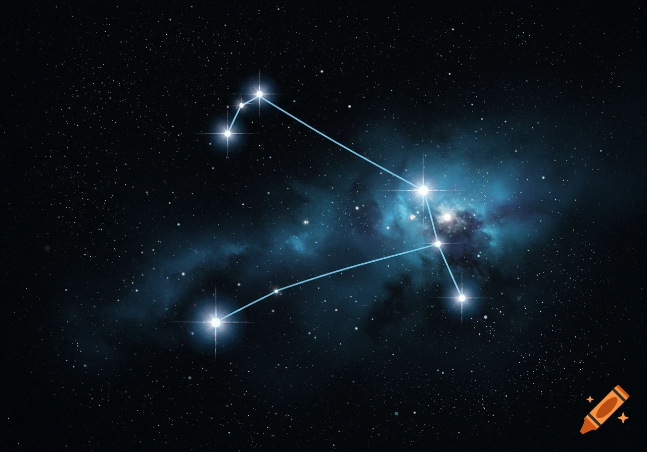 A constellation of stars connected by lines against a blue nebula in ...