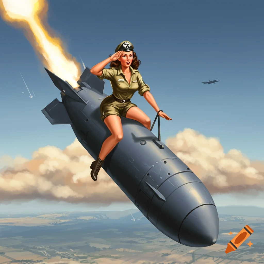 Pin-up woman in military uniform salutes while riding a bomb through ...