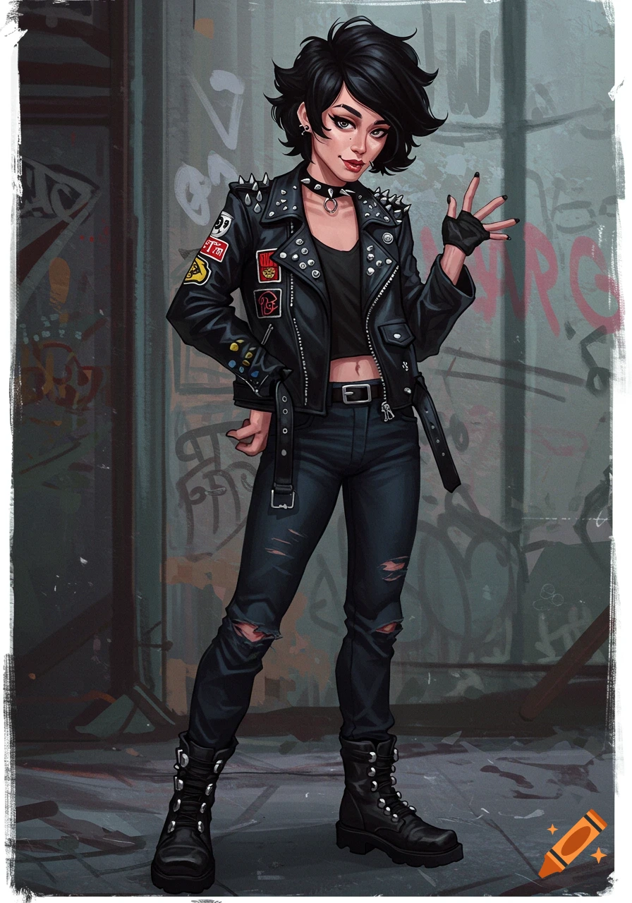 Punk character with short black hair, leather jacket, and ripped jeans ...