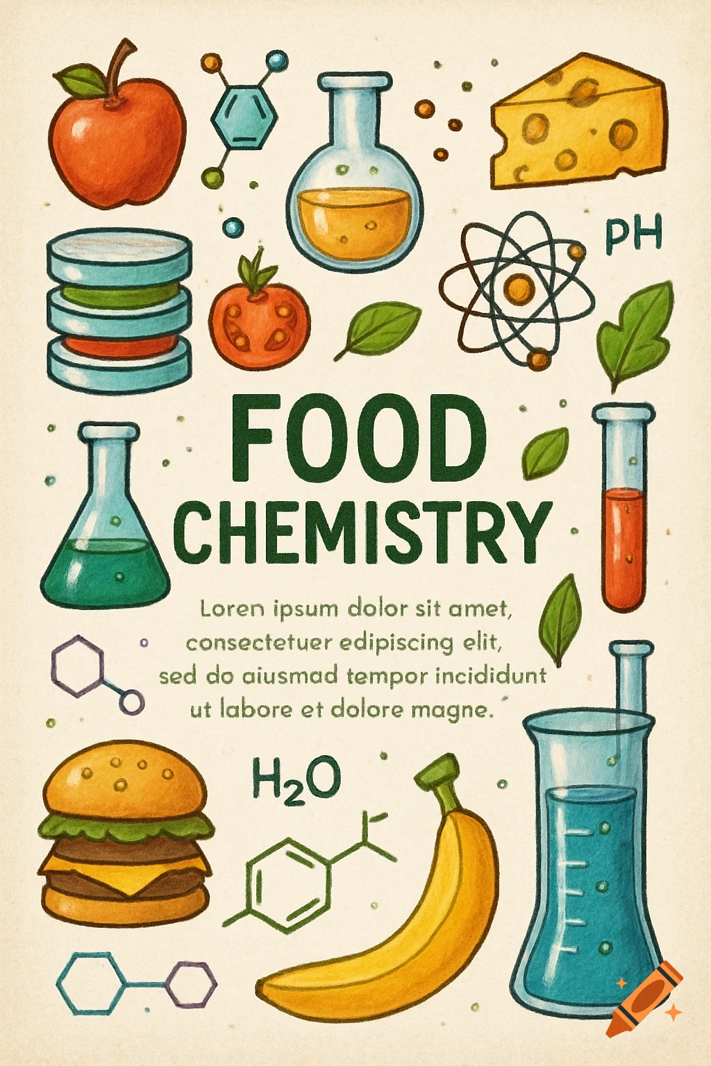 Illustration for Food Chemistry poster with text, food items, lab ...