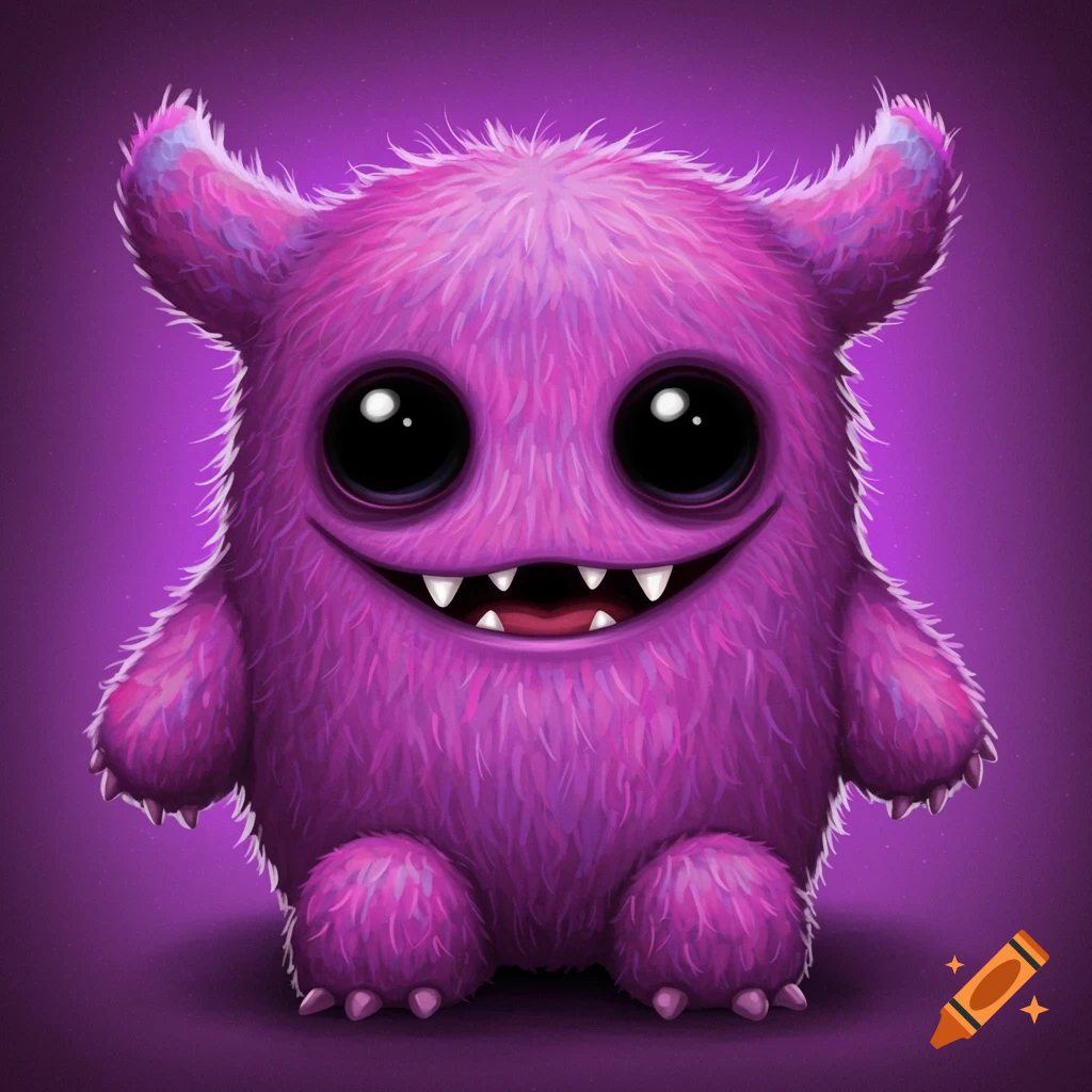 A cute purple furry monster with big black eyes and sharp teeth smiles. on Craiyon