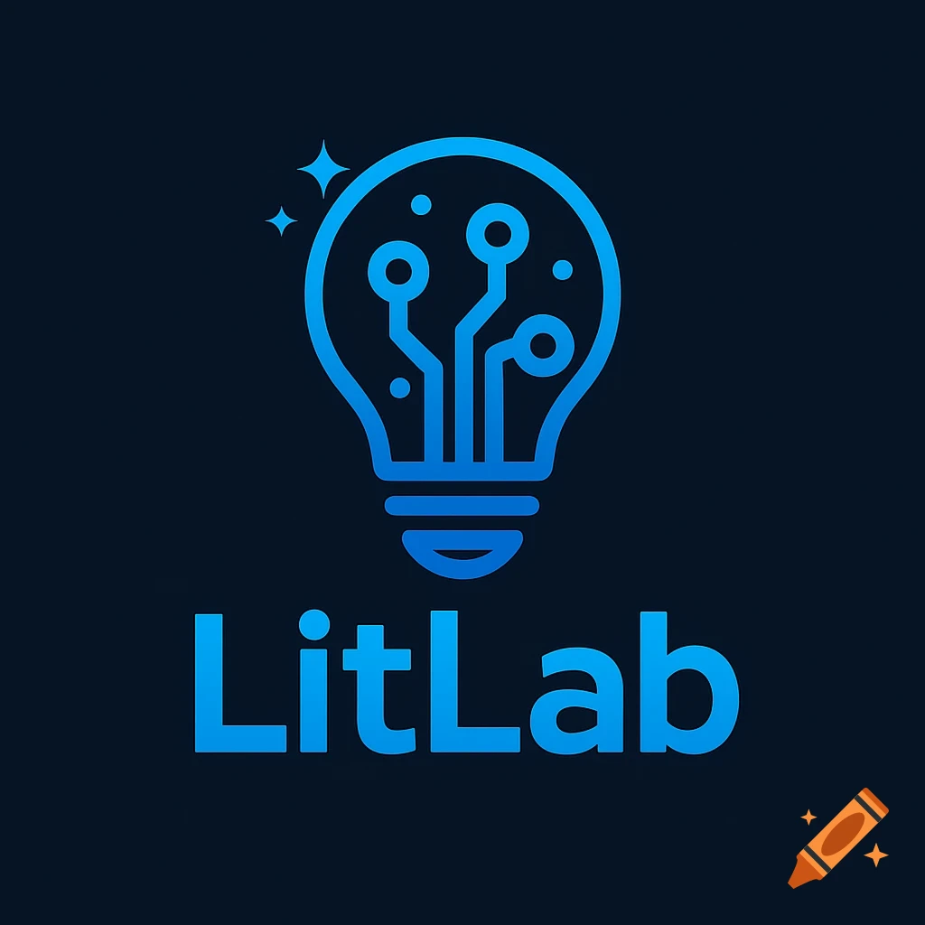 A blue logo featuring a lightbulb with internal circuitry above the word LitLab. on Craiyon
