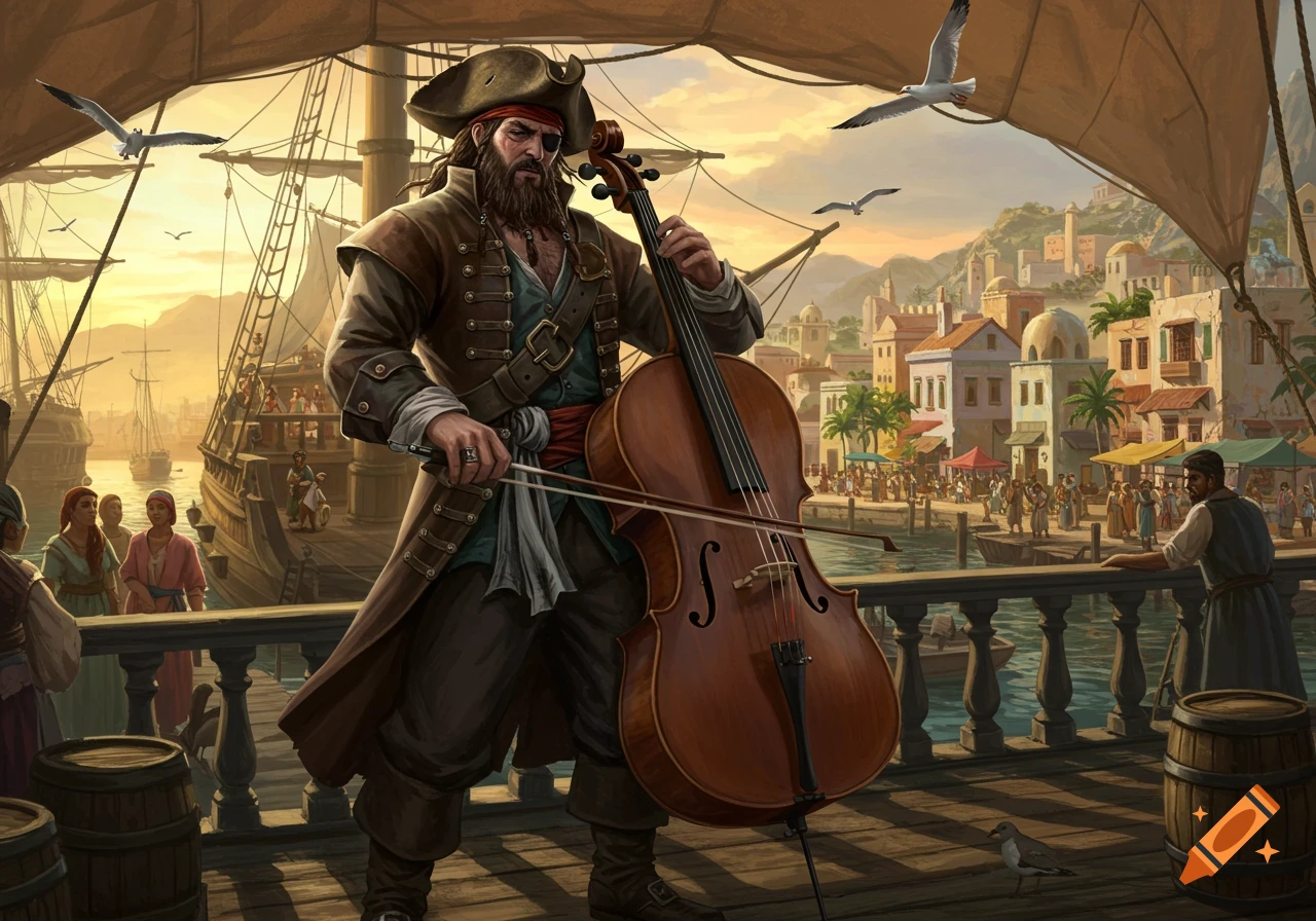A pirate playing a cello on a dock in a busy port town, illustration ...