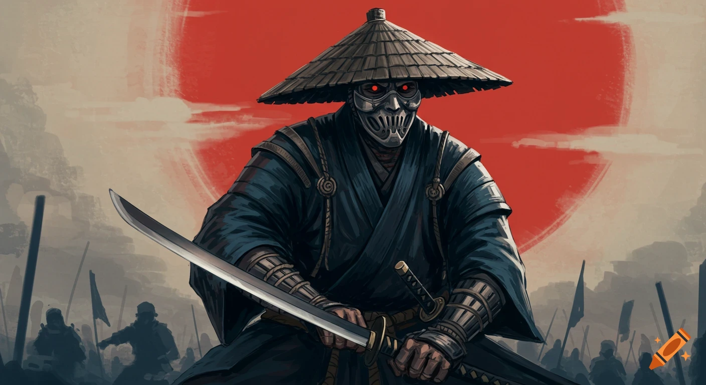 A masked samurai warrior stands on a battlefield, holding a sword, with ...