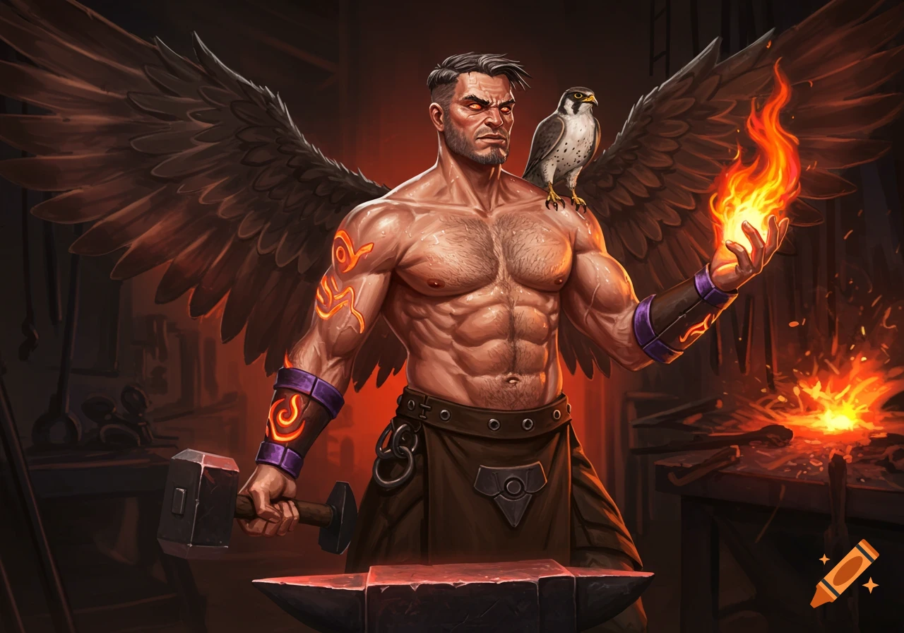 Muscular winged man with falcon holds hammer and fire in a forge. on ...