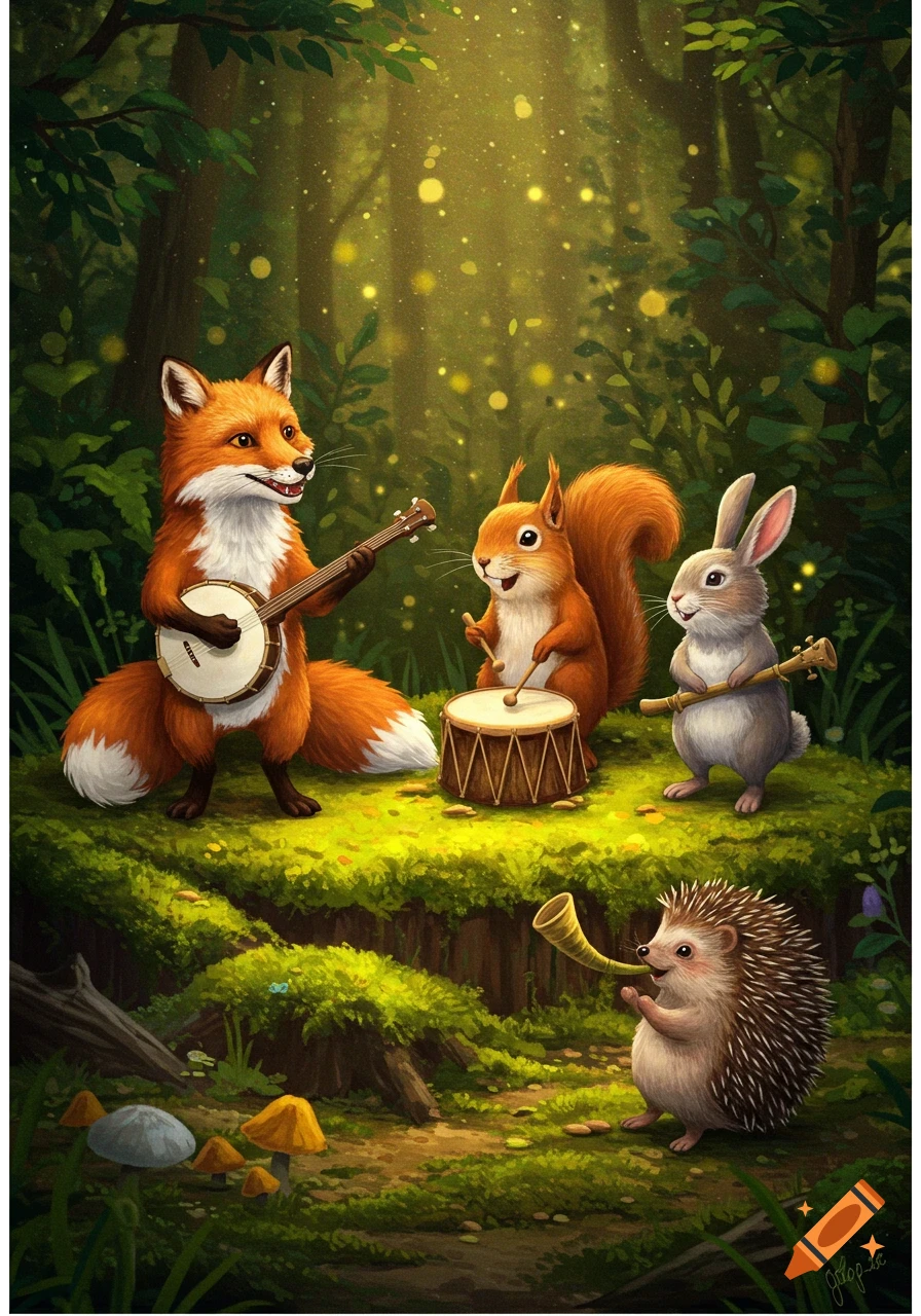 Illustration of woodland animals: a fox plays banjo, squirrel plays ...