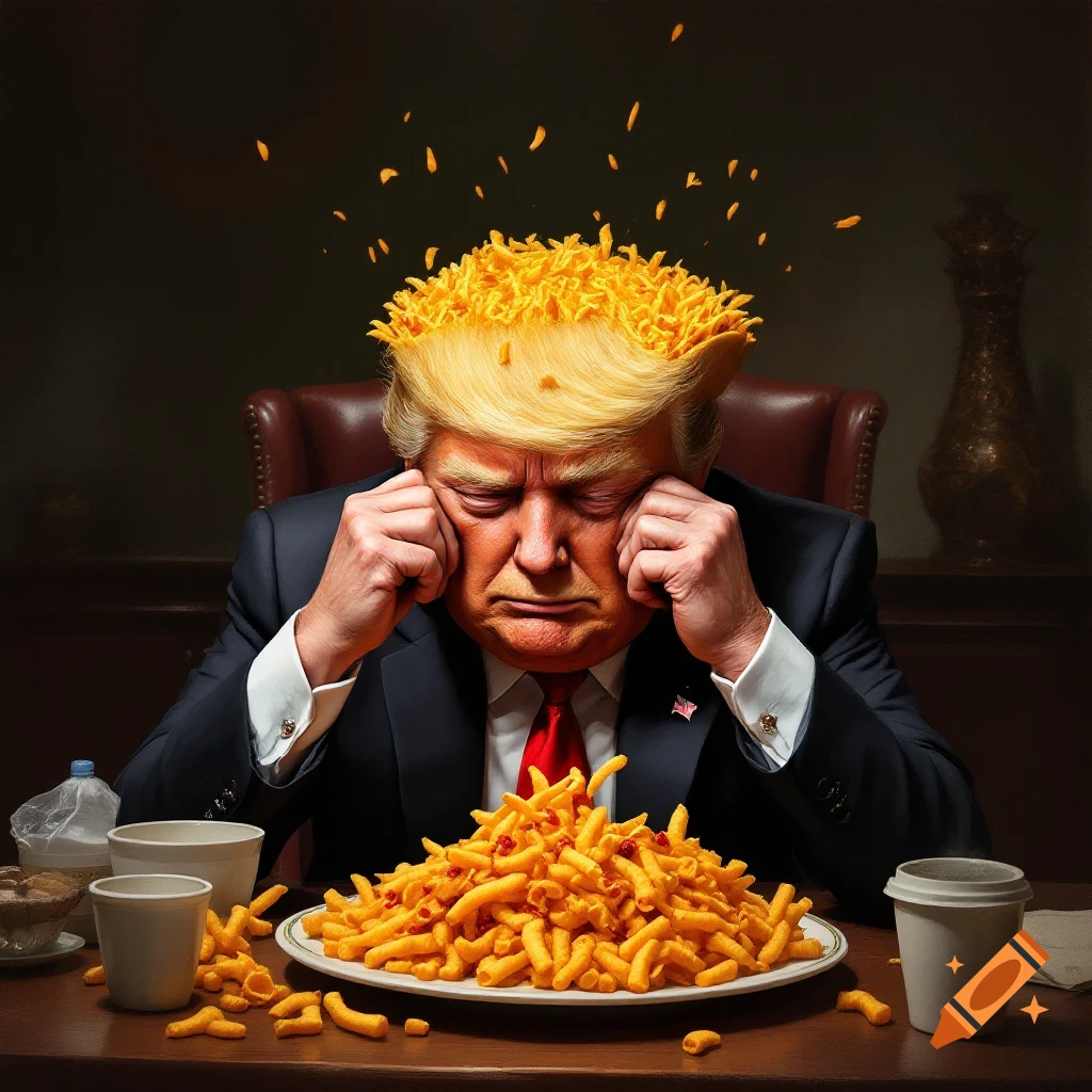 Realistic portrait of Donald Trump looking distressed with orange snack ...