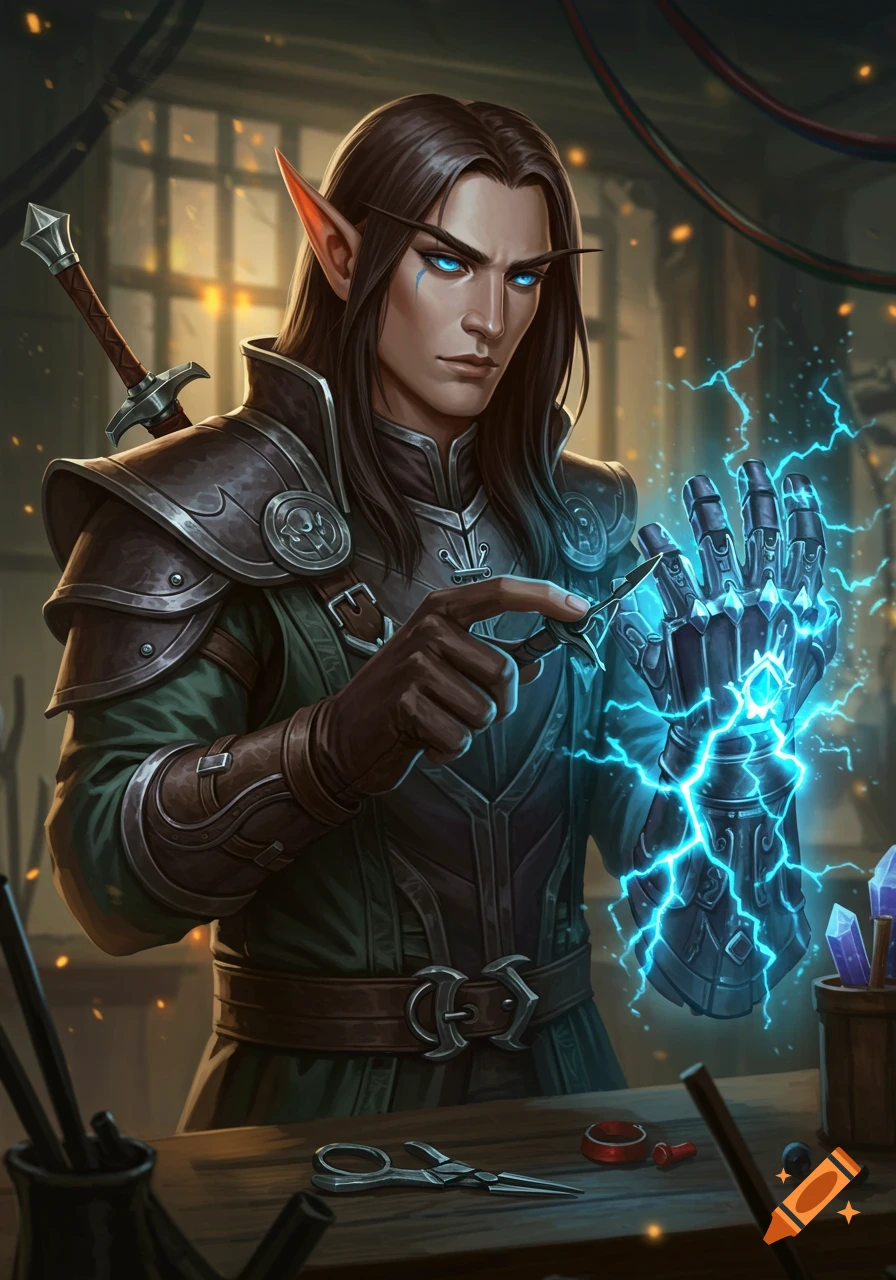 Fantasy illustration of a male elf artificer in a workshop holding a ...