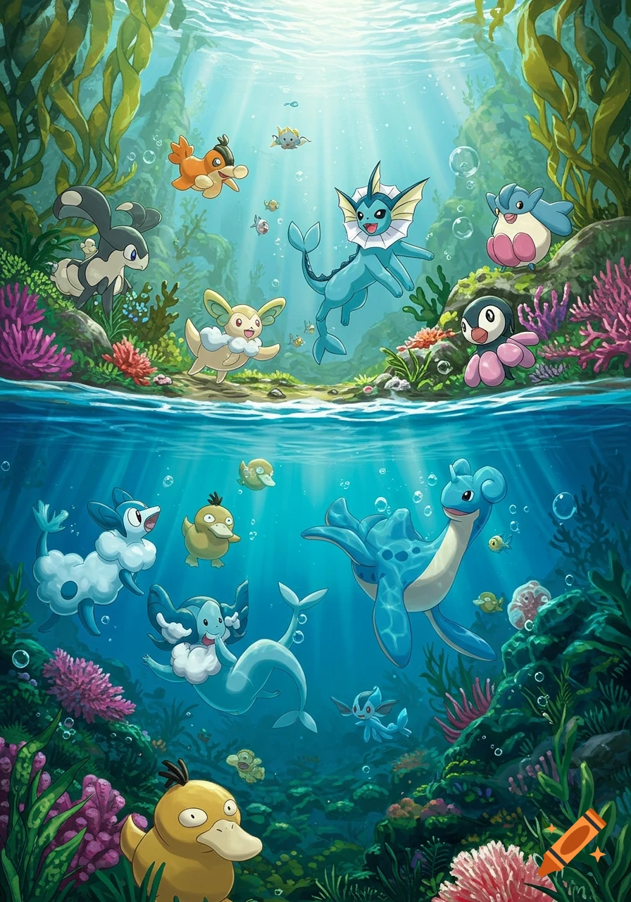 Various Pokemon characters swimming underwater with coral and seaweed ...
