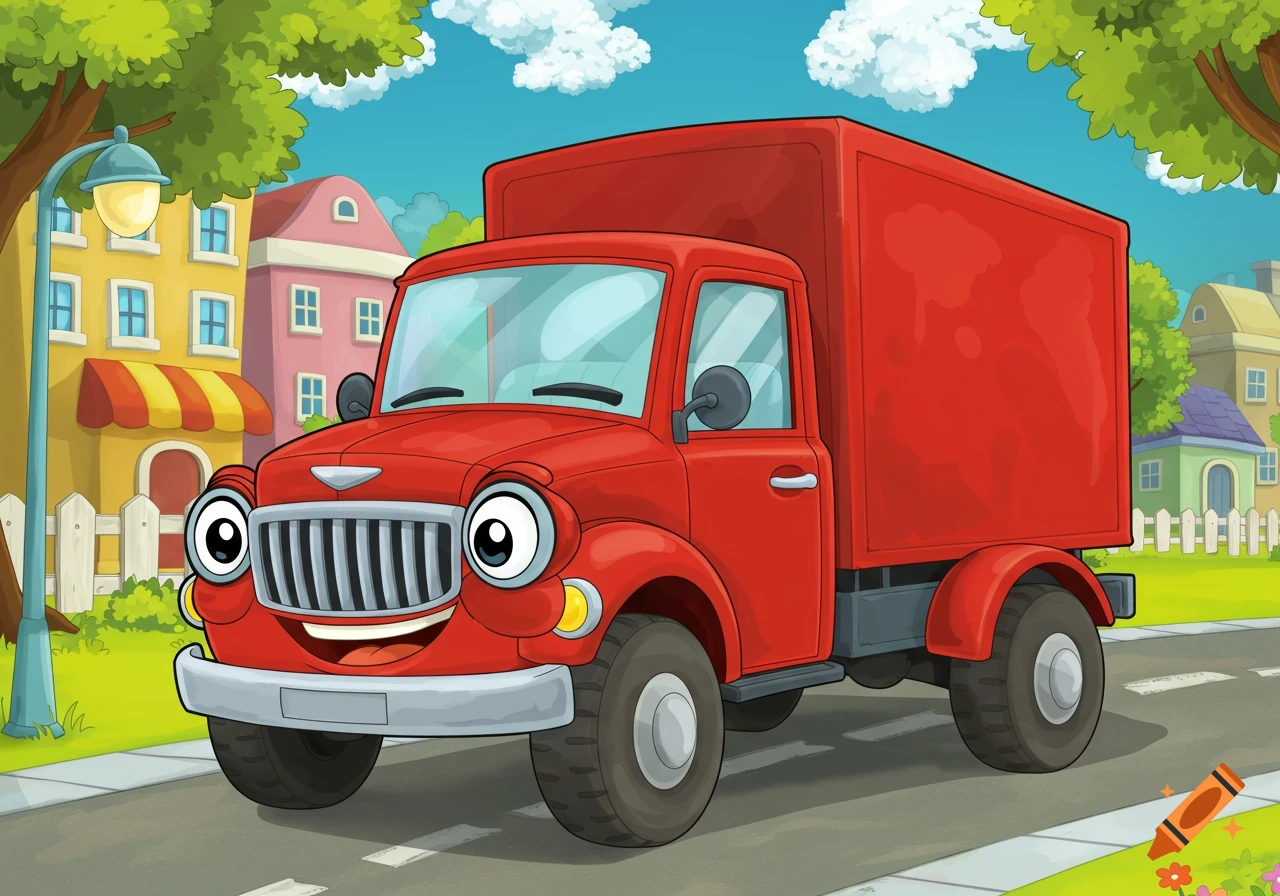 A cartoon red delivery truck with a happy face drives on a road past ...
