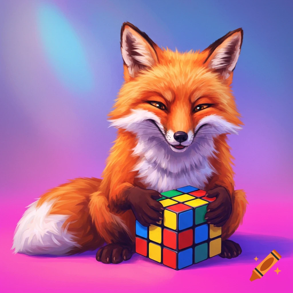 An illustrated fox sits holding a Rubik's cube against a gradient ...