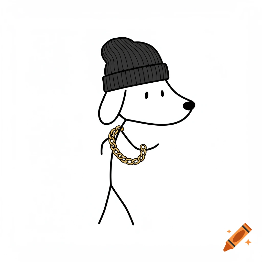 A stick figure dog wearing a beanie and a gold chain on Craiyon