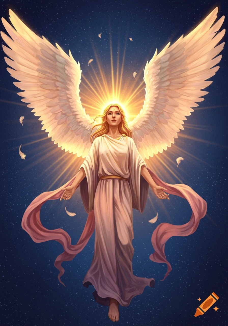 A digital painting of an angel floating in the dark sky with large ...