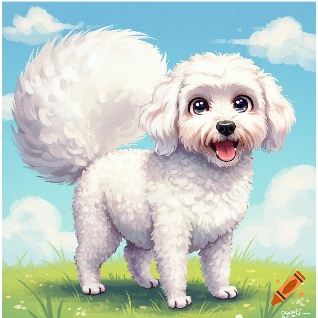 Cartoon illustration of a white fluffy dog standing in a grassy field ...