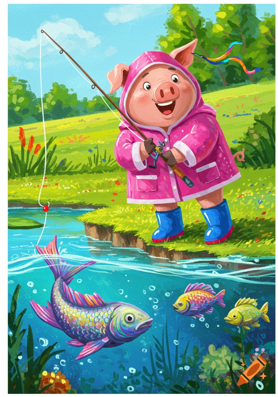 Cartoon pig in a pink raincoat fishes in a stream filled with colorful ...