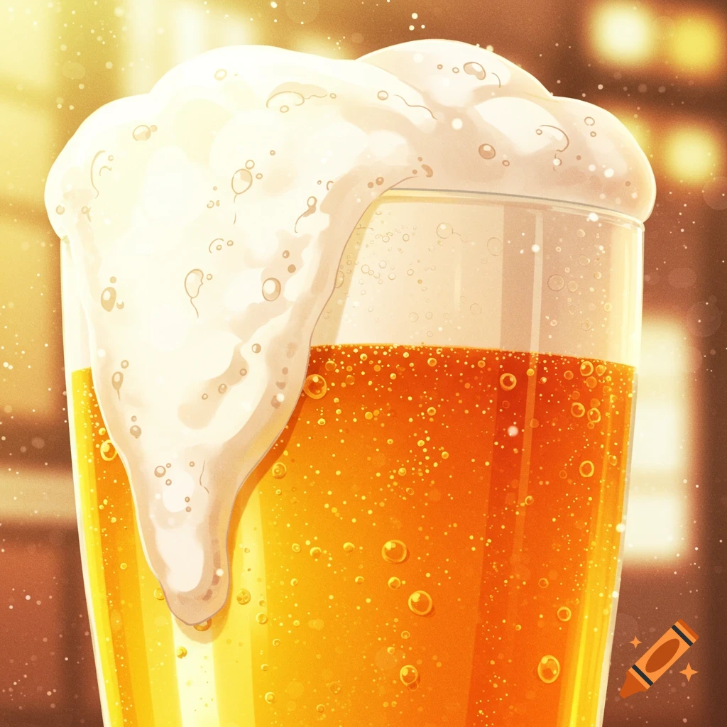 Close-up of a glass of beer with abundant foam, anime style. on Craiyon