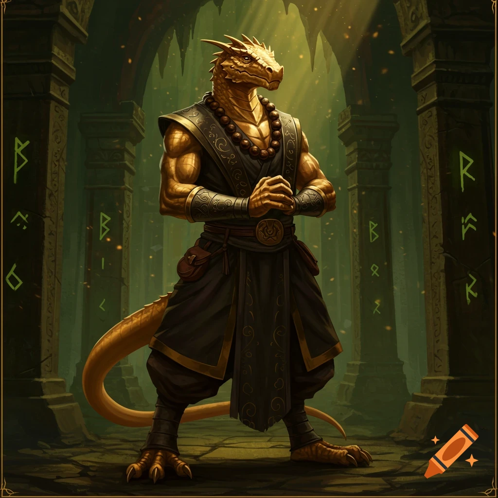 A golden dragonborn monk stands in dark temple ruins with glowing green ...