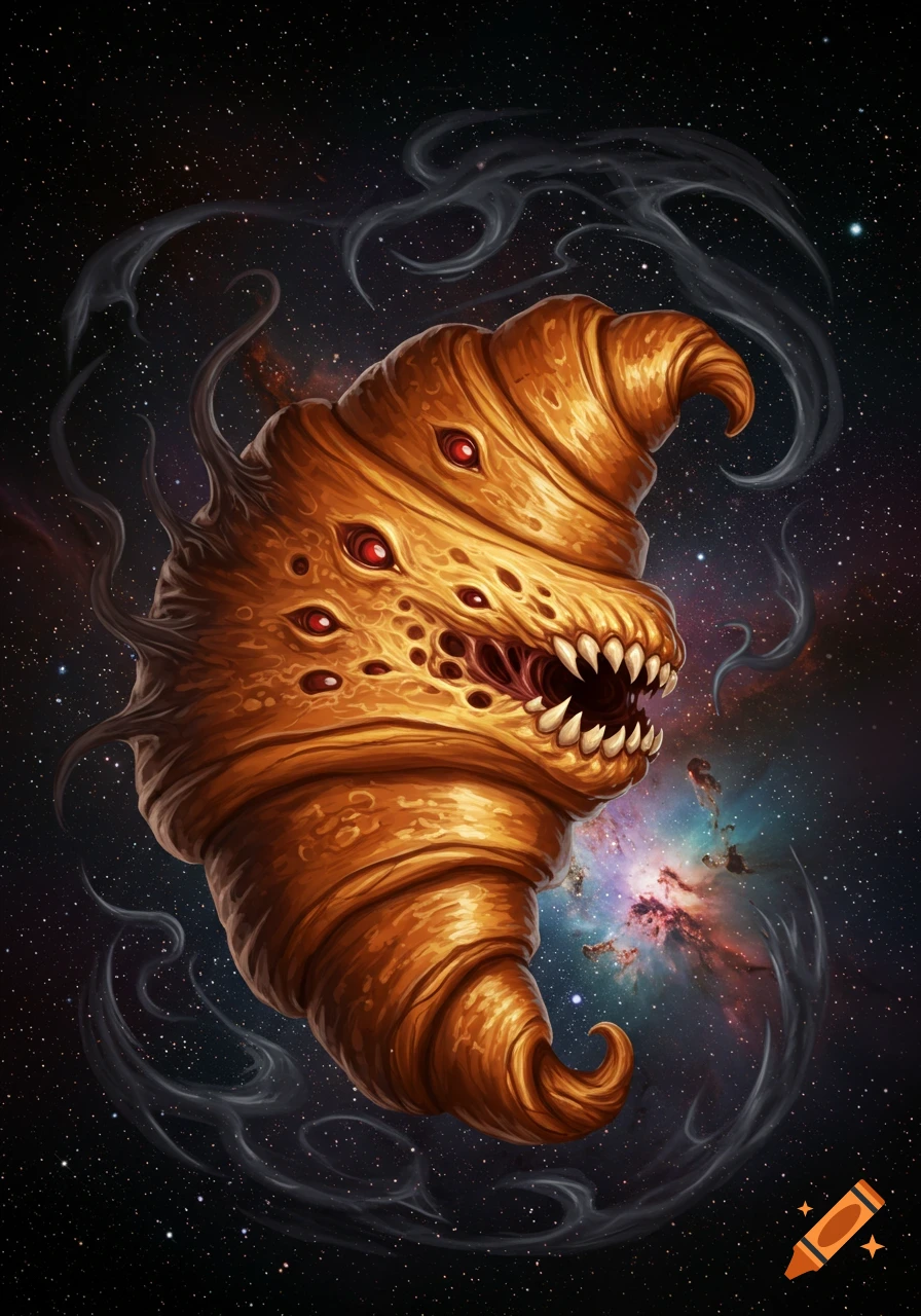 A monstrous croissant with many eyes and teeth floats in space. on Craiyon