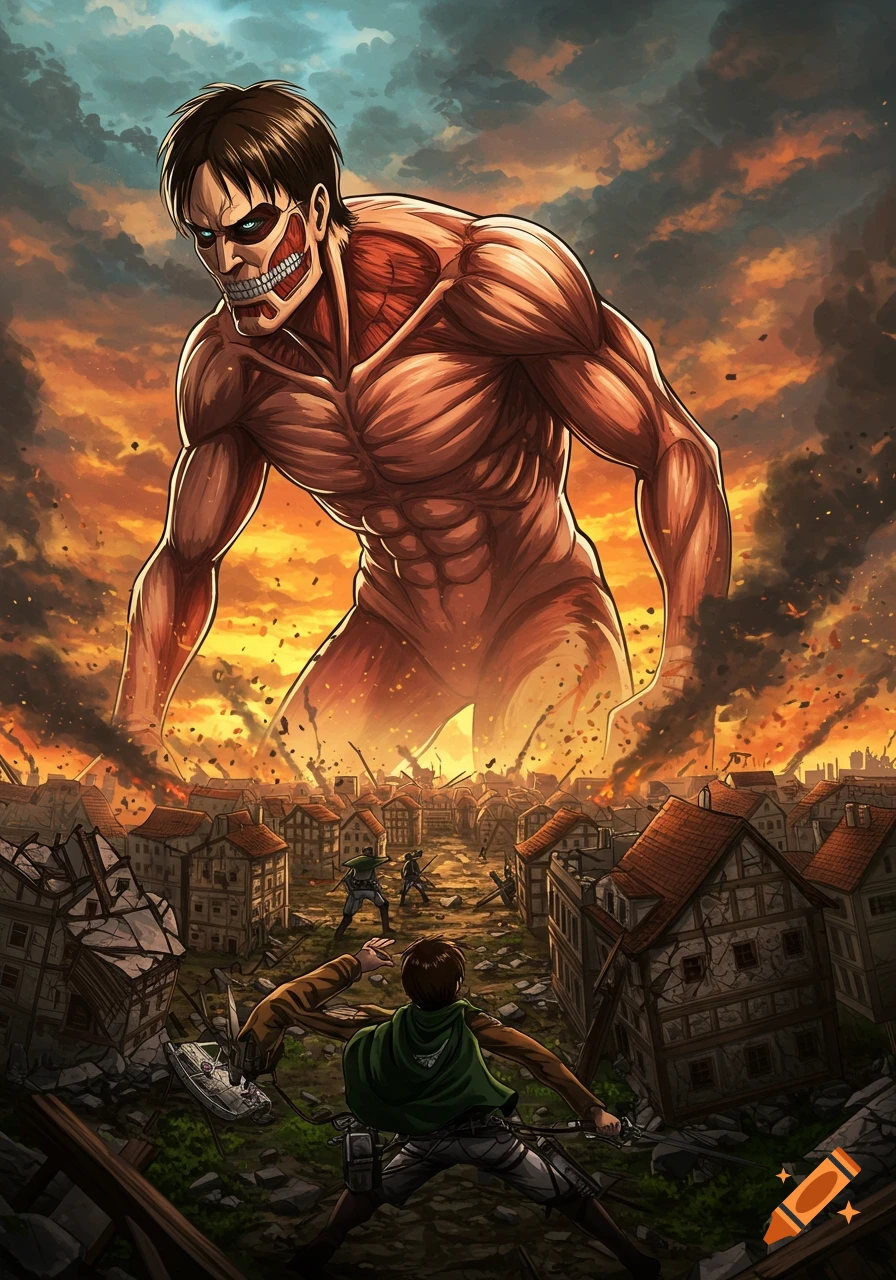 Anime illustration of a giant humanoid titan towering over a destroyed ...