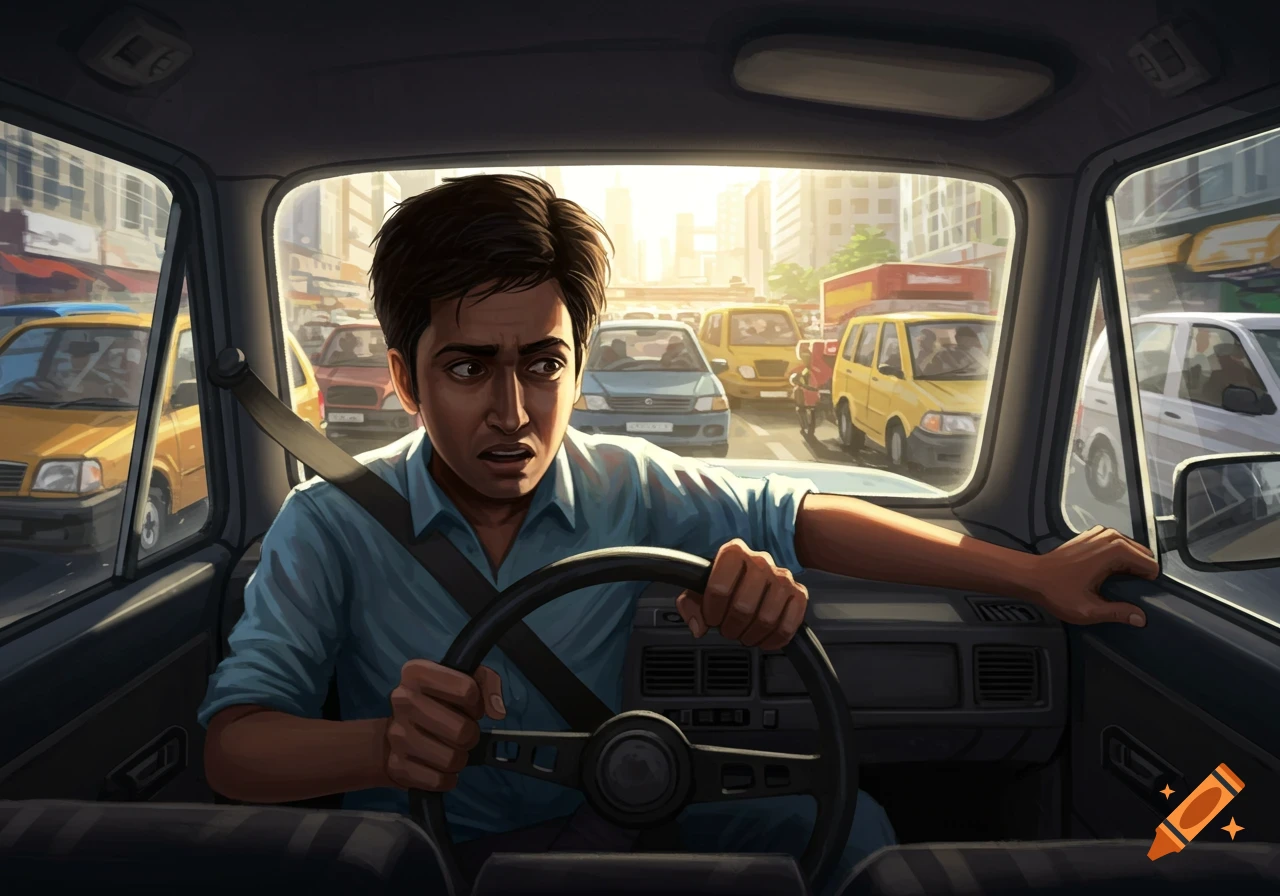 Stressed person driving a car in busy city traffic, illustration style ...