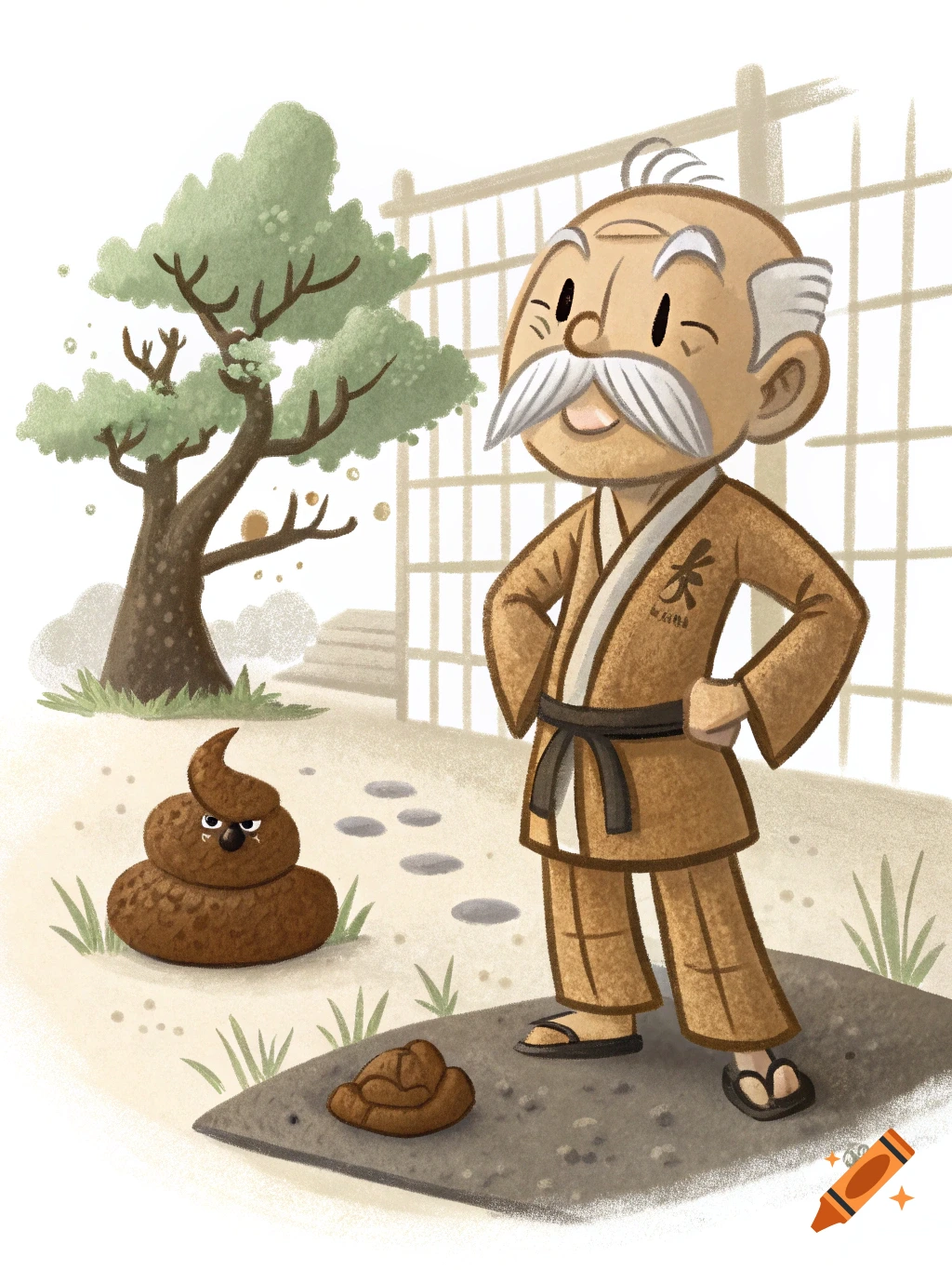 A cartoon man in a gi stands next to a pile of poop with a face in an ...