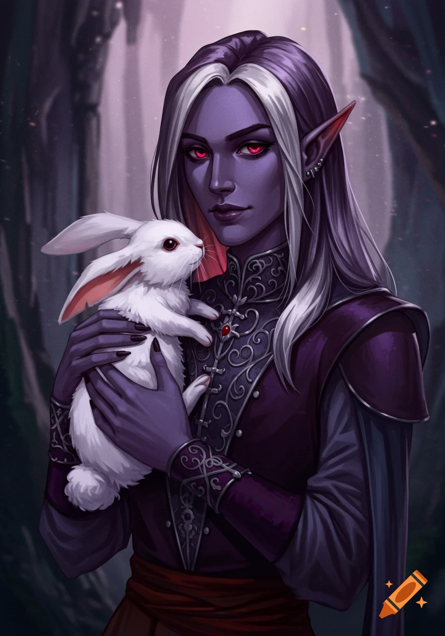 A fantasy illustration of a dark elf with purple skin holding a white ...