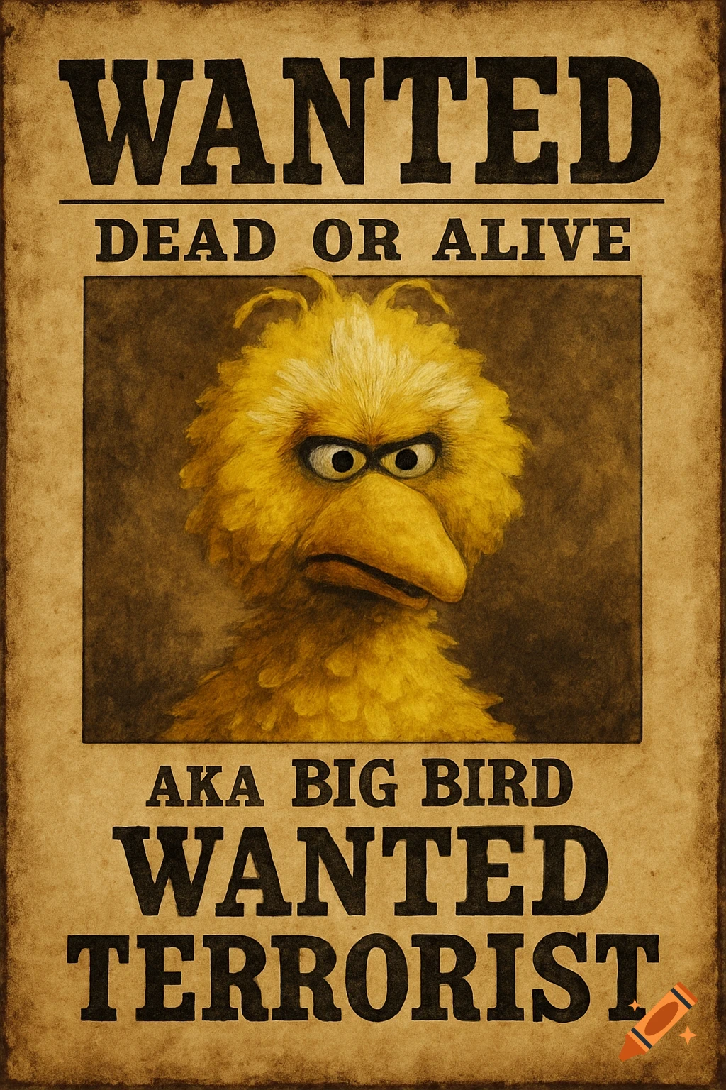 A wanted poster featuring Big Bird with text 'WANTED DEAD OR ALIVE AKA ...