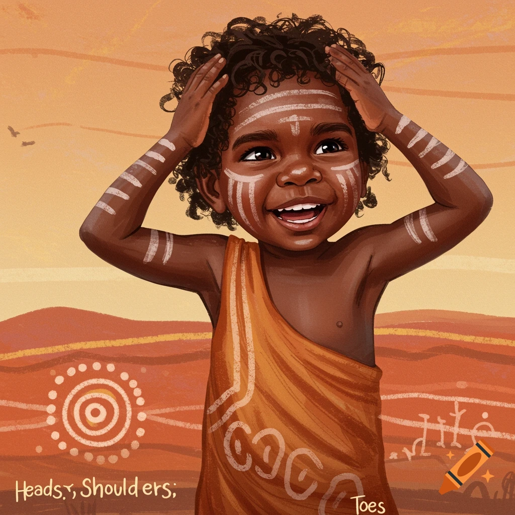 Happy Aboriginal child with face paint and hands on head, smiling in a ...