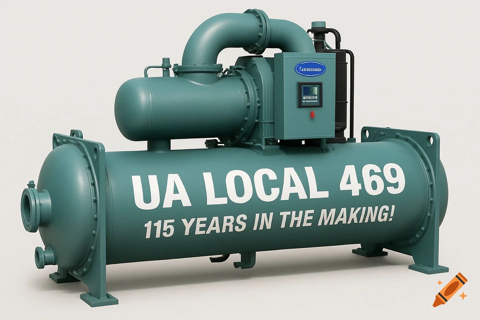 A teal industrial chiller with text 'UA Local 469, 115 years in the ...