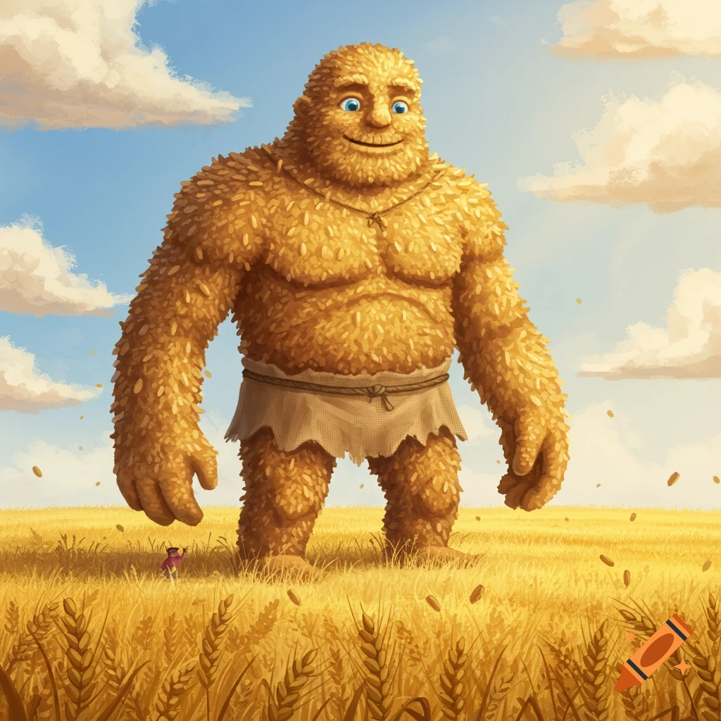 A giant creature made of golden grain stands in a sunny field, looking ...