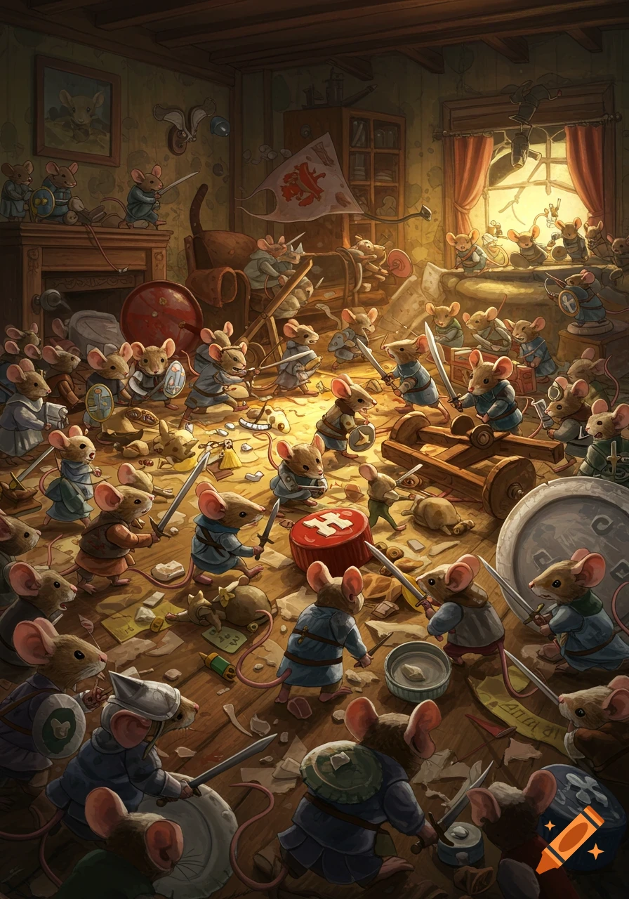 Illustrative scene of mice warriors battling in a cluttered room with ...