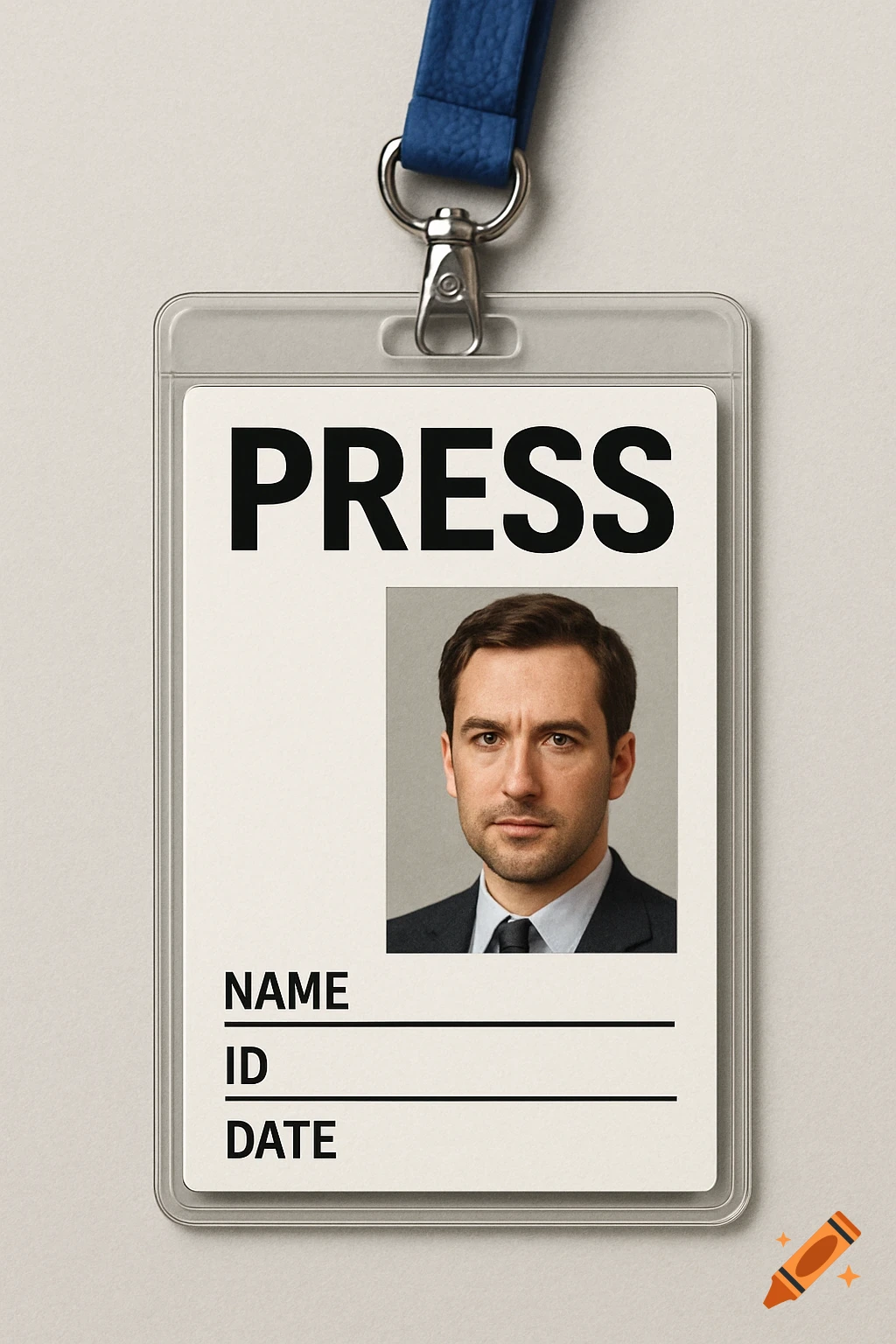 Photorealistic close-up of a press pass with a man's photo and lines ...