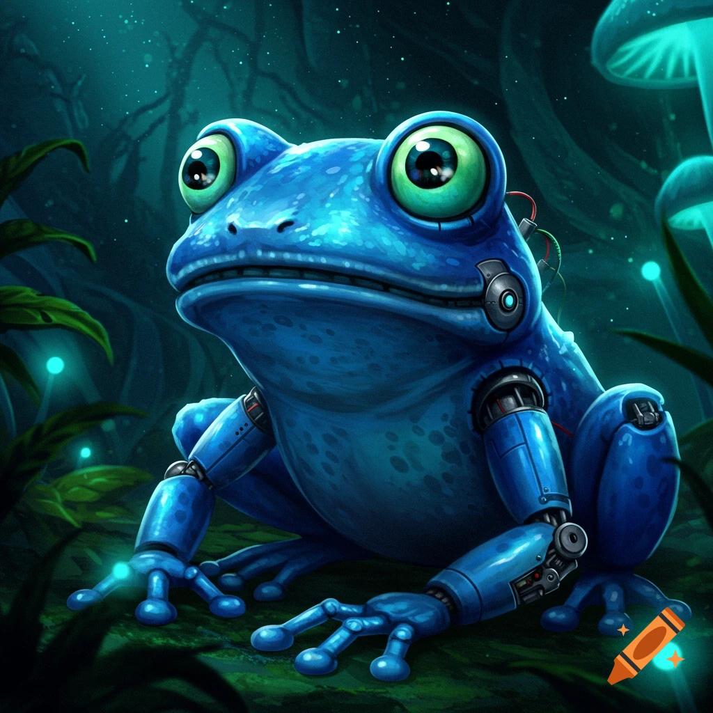 A blue animatronic frog with large eyes sits in a dark fantasy forest ...