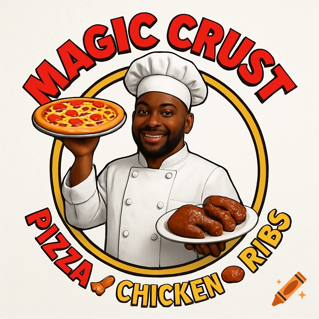 Illustration of a chef holding pizza and a plate of chicken and ribs ...