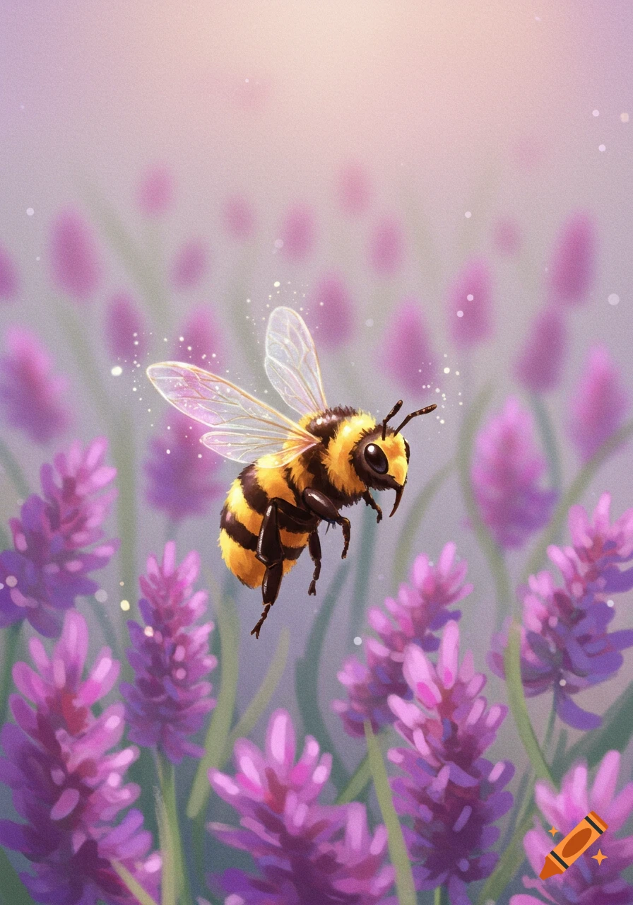 A stylized illustration of a bumblebee flying near purple lavender ...