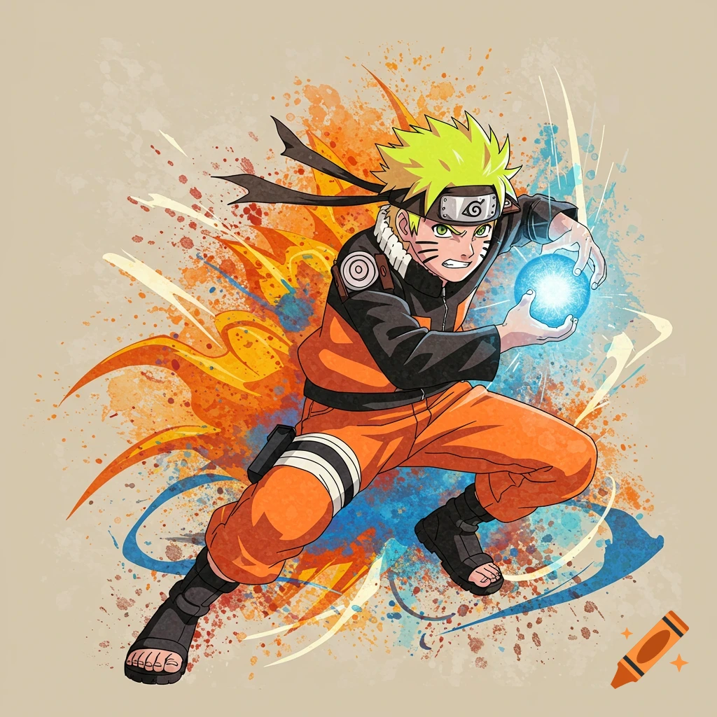 Naruto in his orange jacket preparing a Rasengan, surrounded by ...