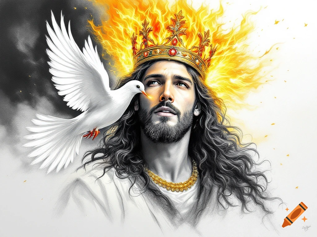 Drawing of Jesus Christ with a crown of fire, a white dove, and a ...