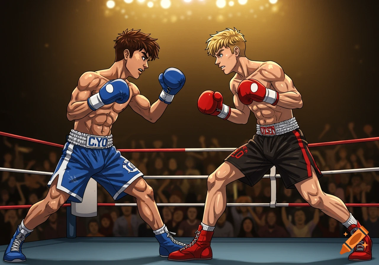 Anime style illustration of two male boxers in a ring squaring off. on ...